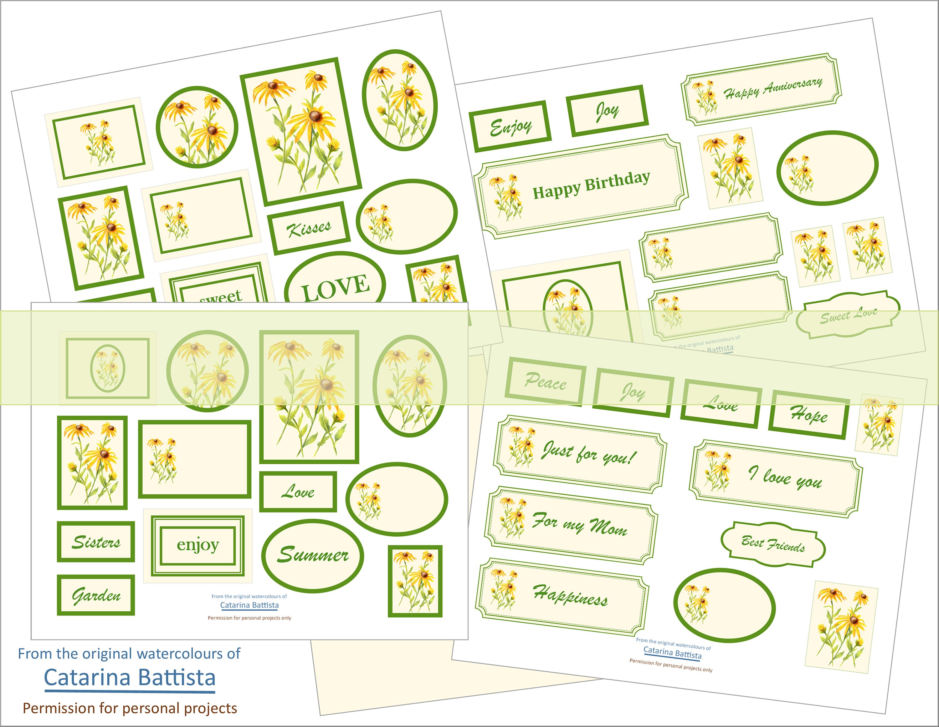 Floral Digital Labels, Mini Cards, Tags, Stickers, Words, Embellishment ...