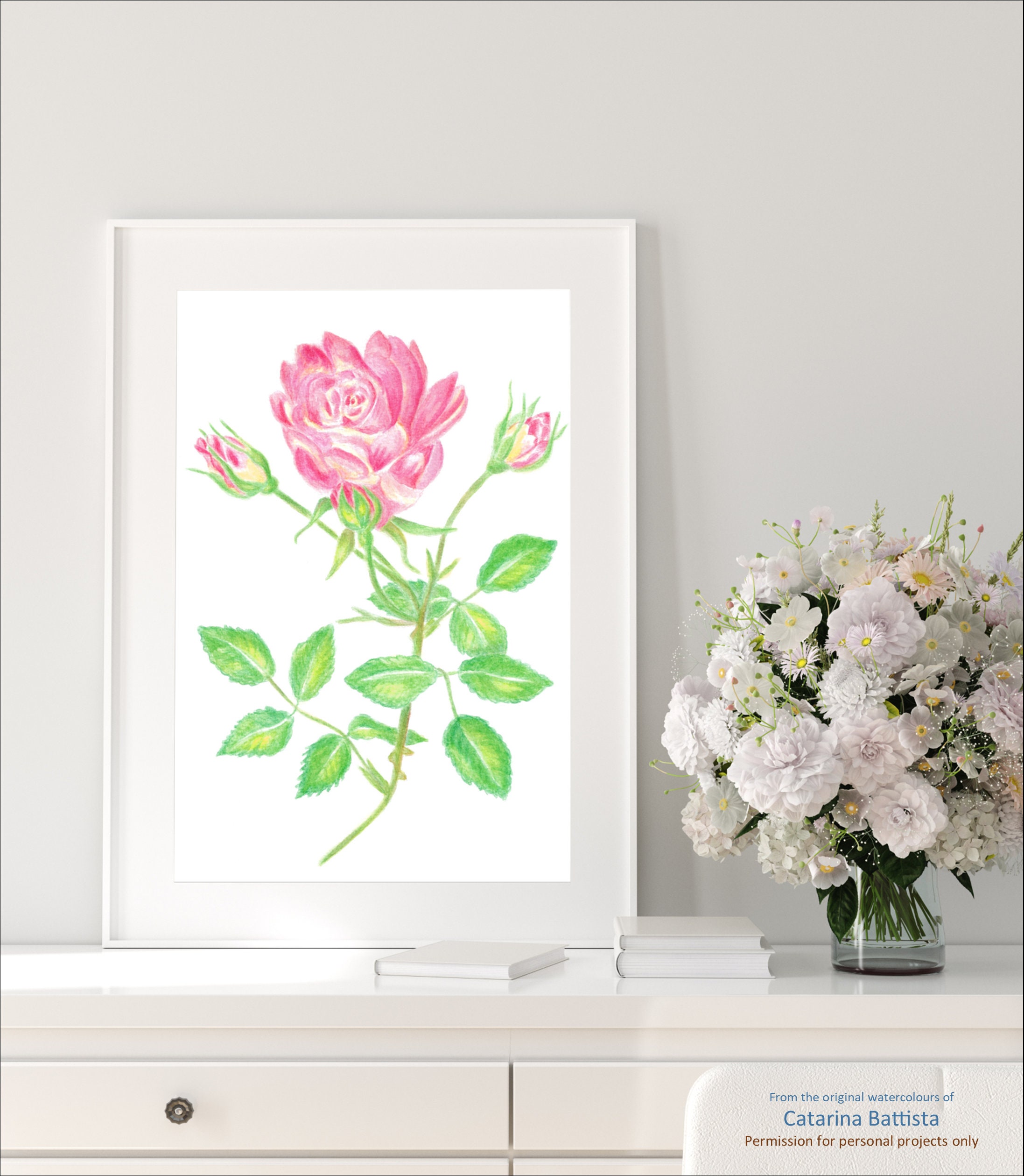 Pink Rose Printable Wall Art, Rose Watercolor Print, Flower, Rose ...