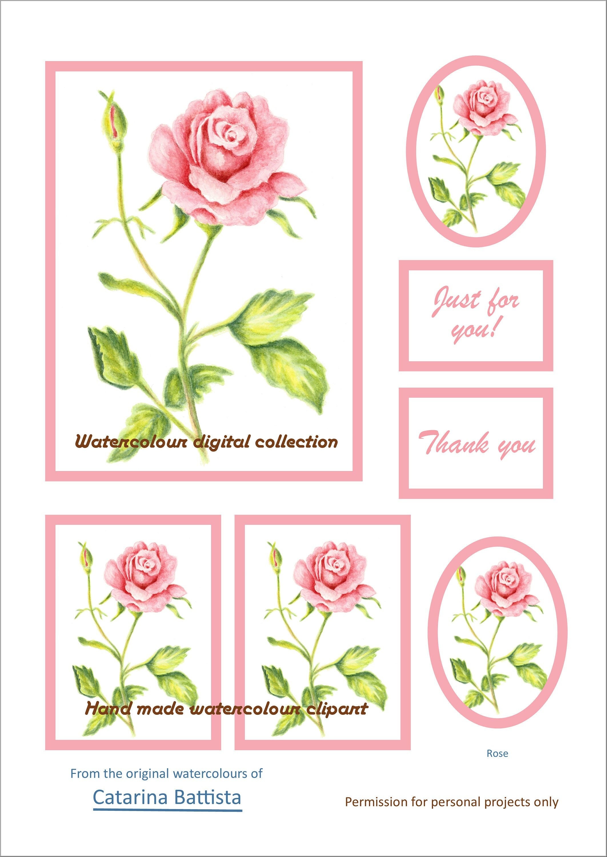 ROSE Digital Card. Printable, Botanical, Gift Tag, ATC, Postcard ...
