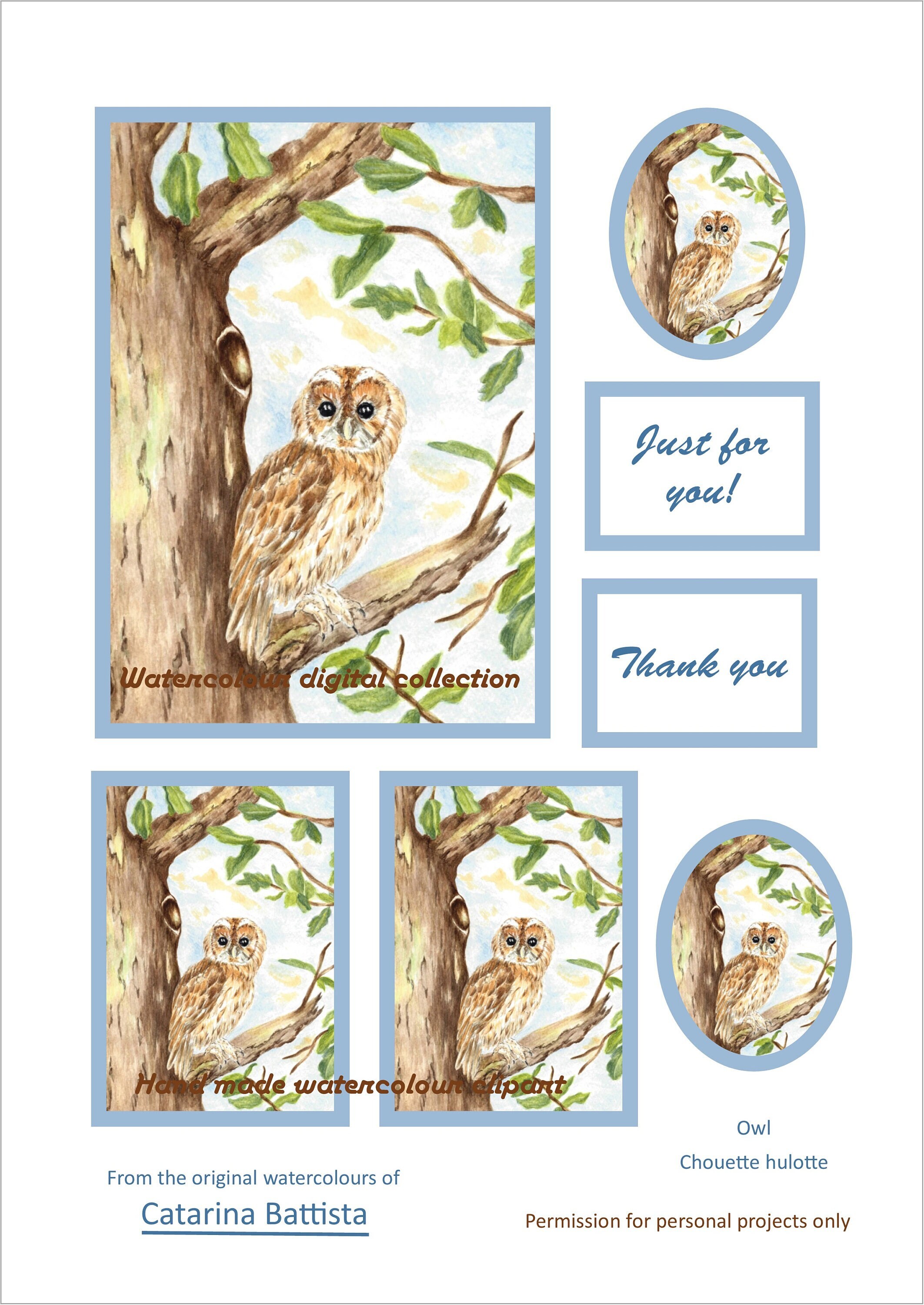 Owl Digital Card. Printable Craft Paper. Bird Greeting Card, Postcard ...