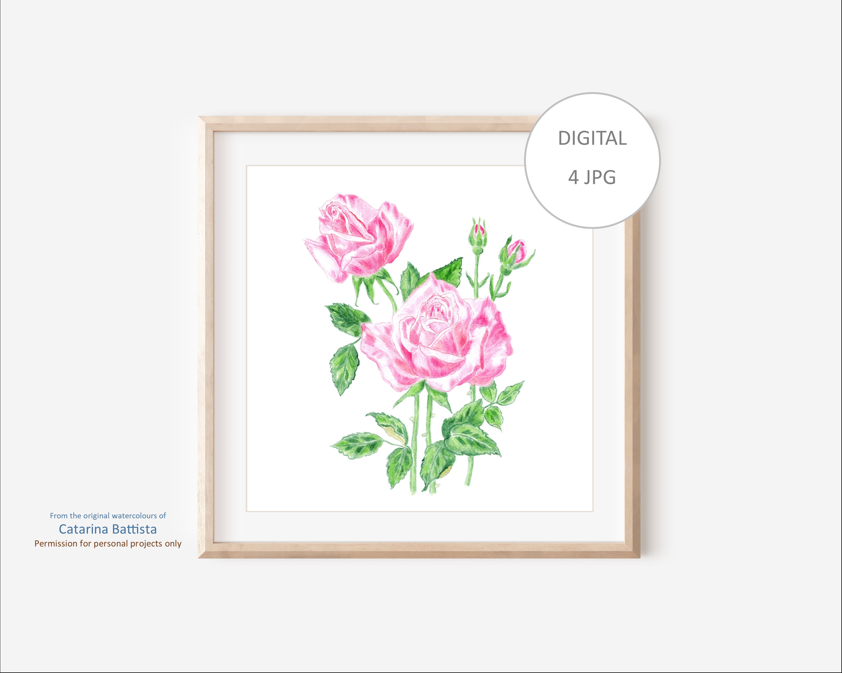 Pink Rose Printable Wall Art, Rose Watercolor Print, Flowers, Rose ...