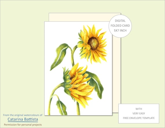 Floral Greeting Card SUNFLOWER Printable Watercolor - Etsy