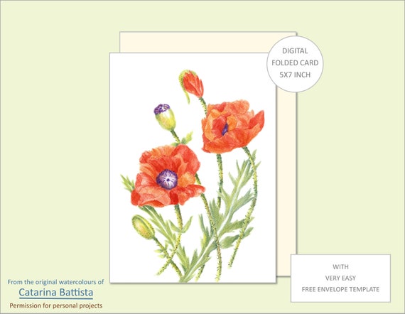 Floral Greeting Card POPPY Printable Watercolor Digital - Etsy