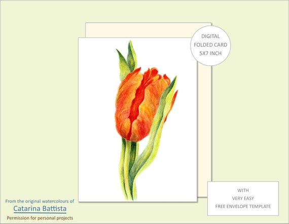 Floral Greeting Card TULIP Printable Watercolor Digital - Etsy