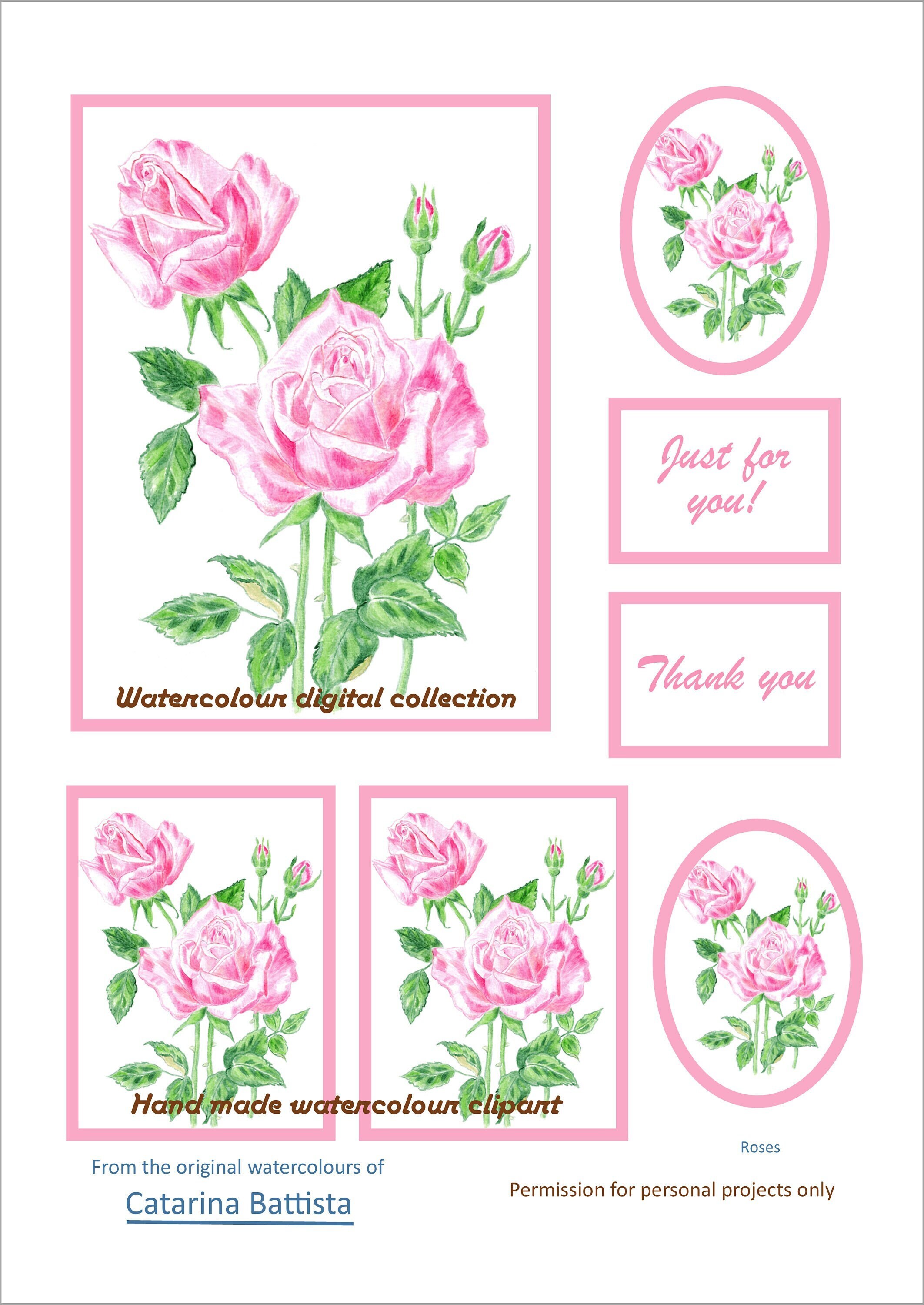 Pink Rose Printable Card. Floral Ephemera for Gift Tag, ATC, Postcard ...