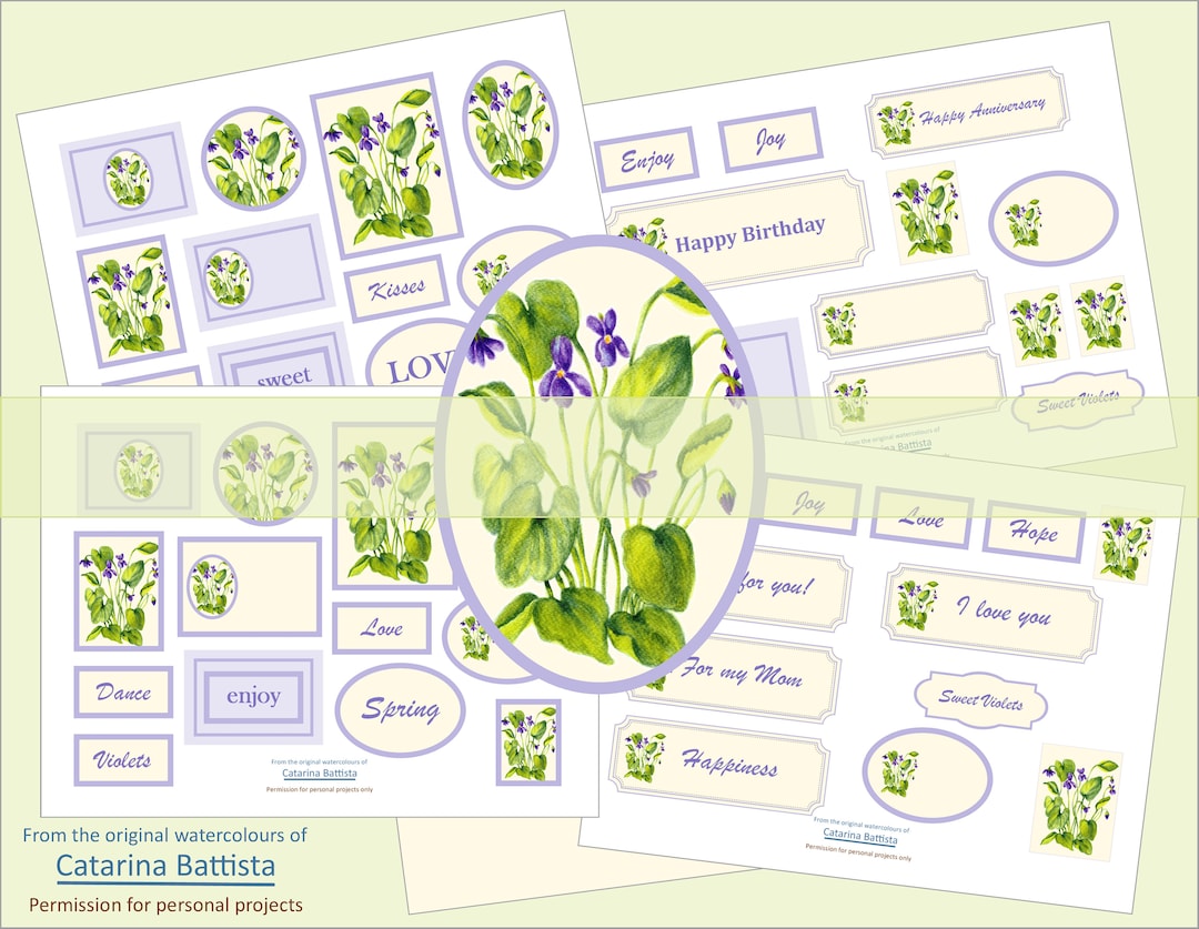 Violets Watercolor Labels: Mini Cards, Tags, Stickers, Junk Journal ...