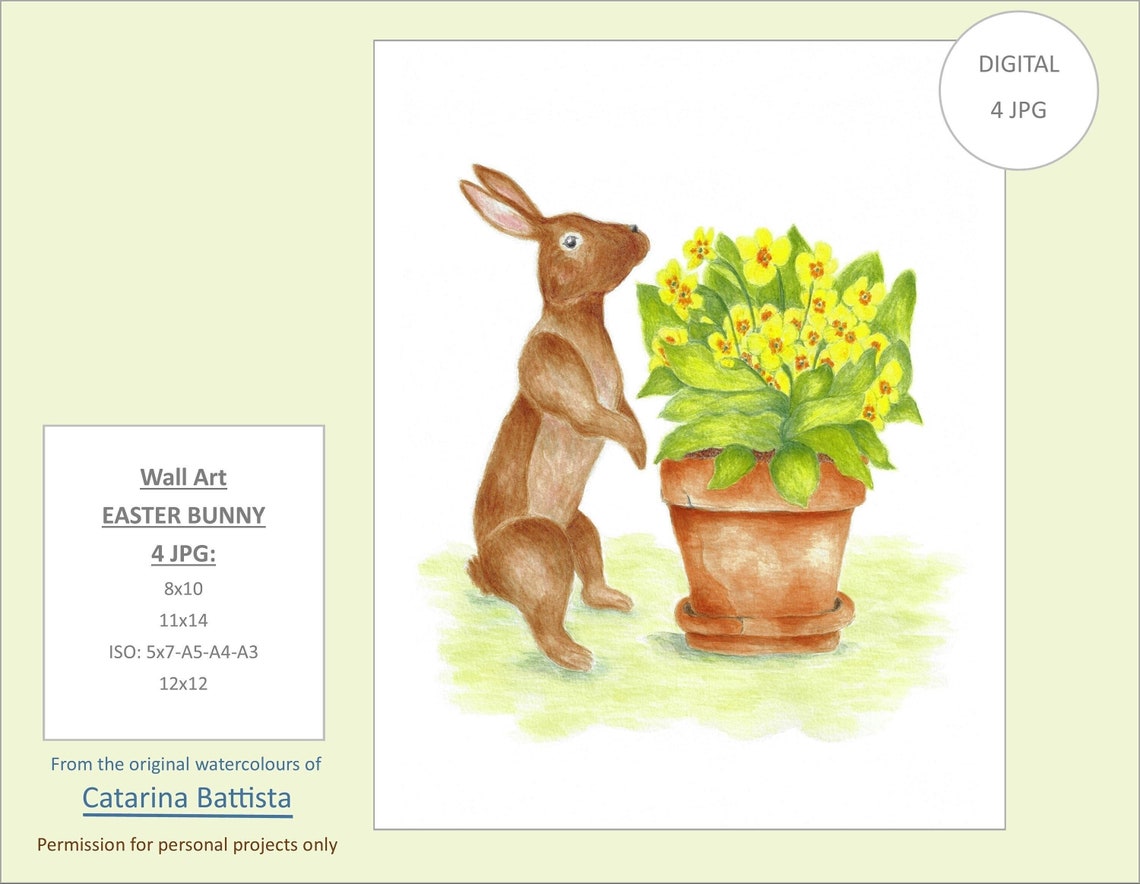 Easter Print, Spring Bunny and Primrose Wall Art, Spring Floral Decor ...