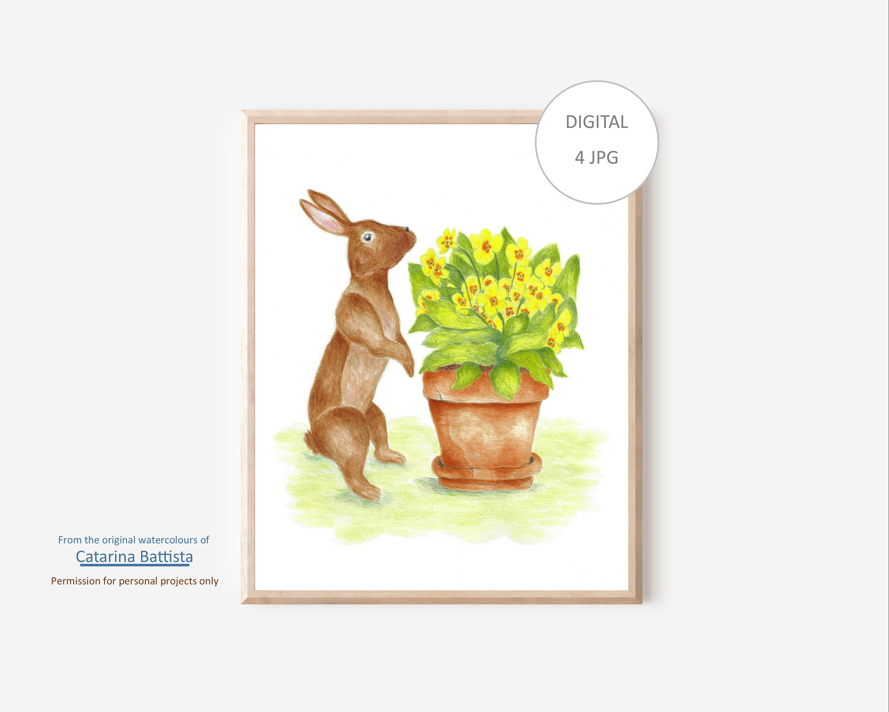 Easter Print, Spring Bunny and Primrose Wall Art, Spring Floral Decor ...