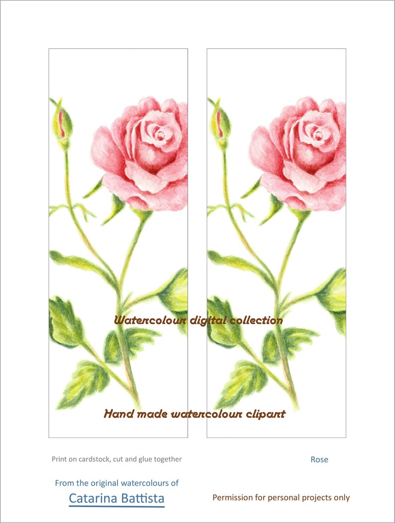 ROSE DIGITAL BOOKMARK. Digital Paper. Printable, Floral, Craft Paper ...