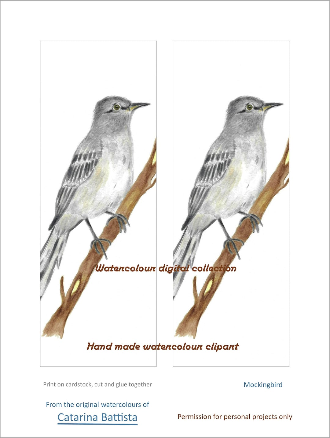 BIRD. MOCKINGBIRD BOOKMARK. Digital, Printable, Collage Sheet, Gift Tag ...