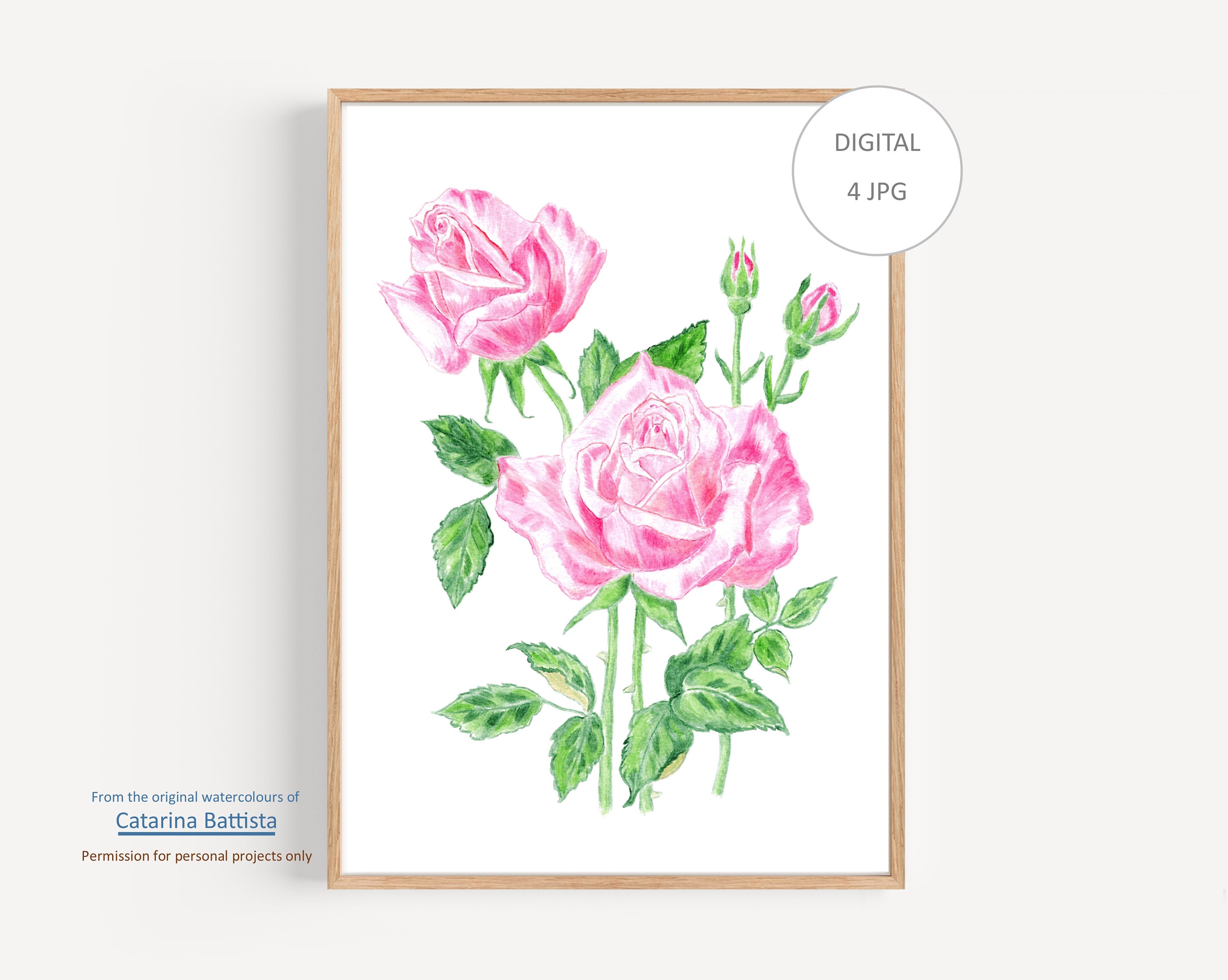 Pink Rose Printable Wall Art, Rose Watercolor Print, Flowers, Rose ...