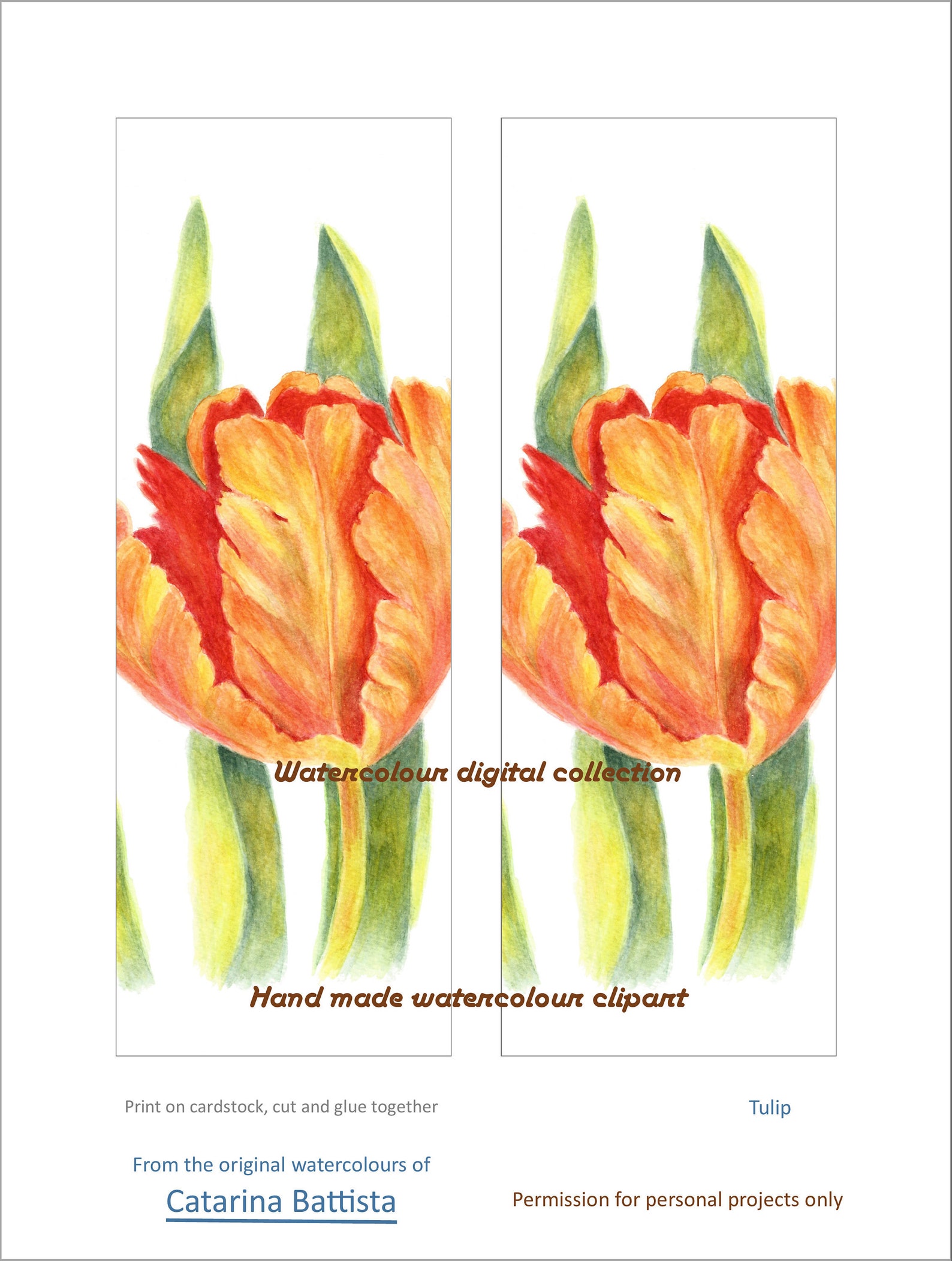 TULIP DIGITAL BOOKMARK. Digital Paper. Printable, Floral Craft Paper ...