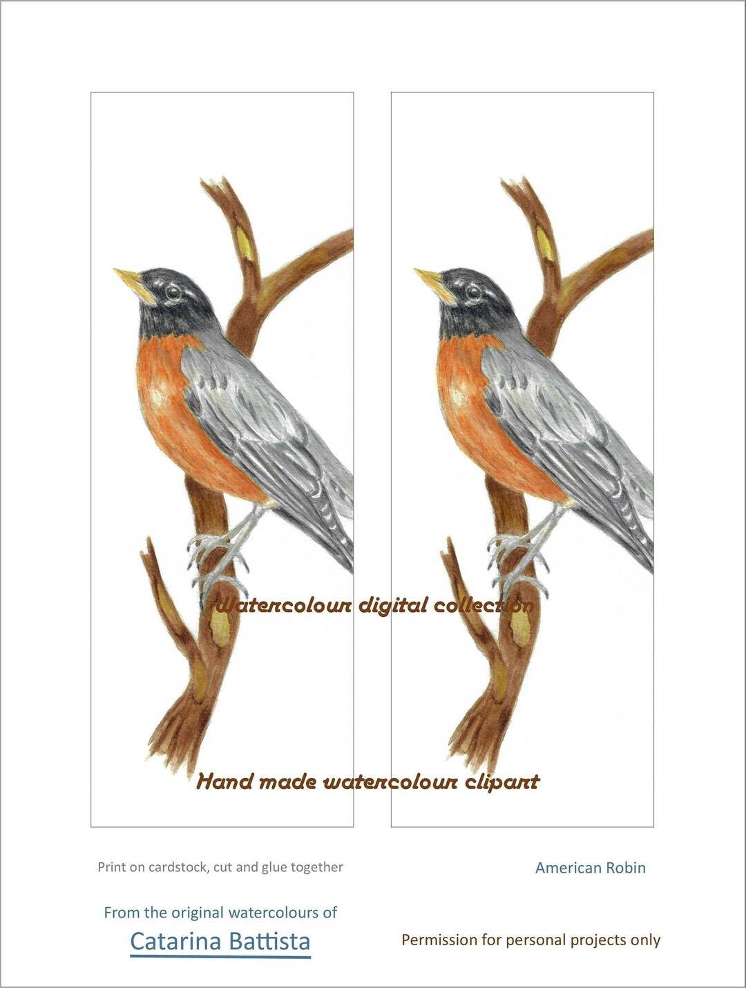 BIRD. ROBIN BOOKMARK. Digital Collage Sheet, Printable, Gift Tag ...