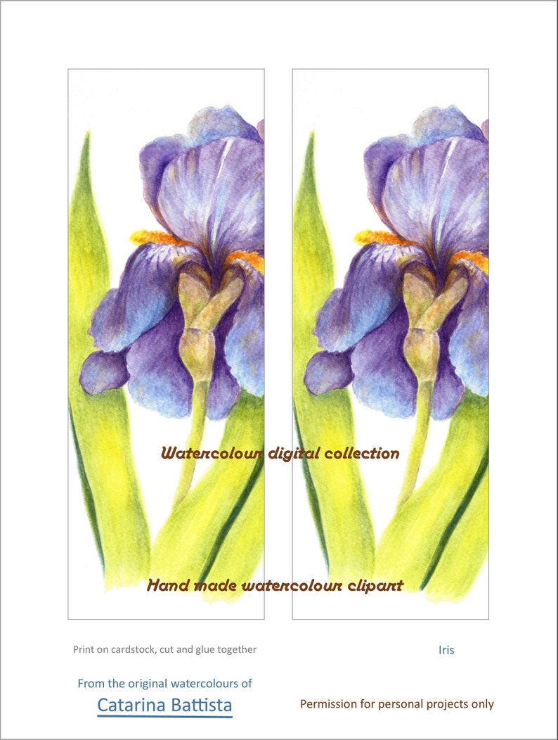 IRIS DIGITAL BOOKMARK. Digital Paper. Printable, Floral, Craft Paper, Ephemera, Botanical ...