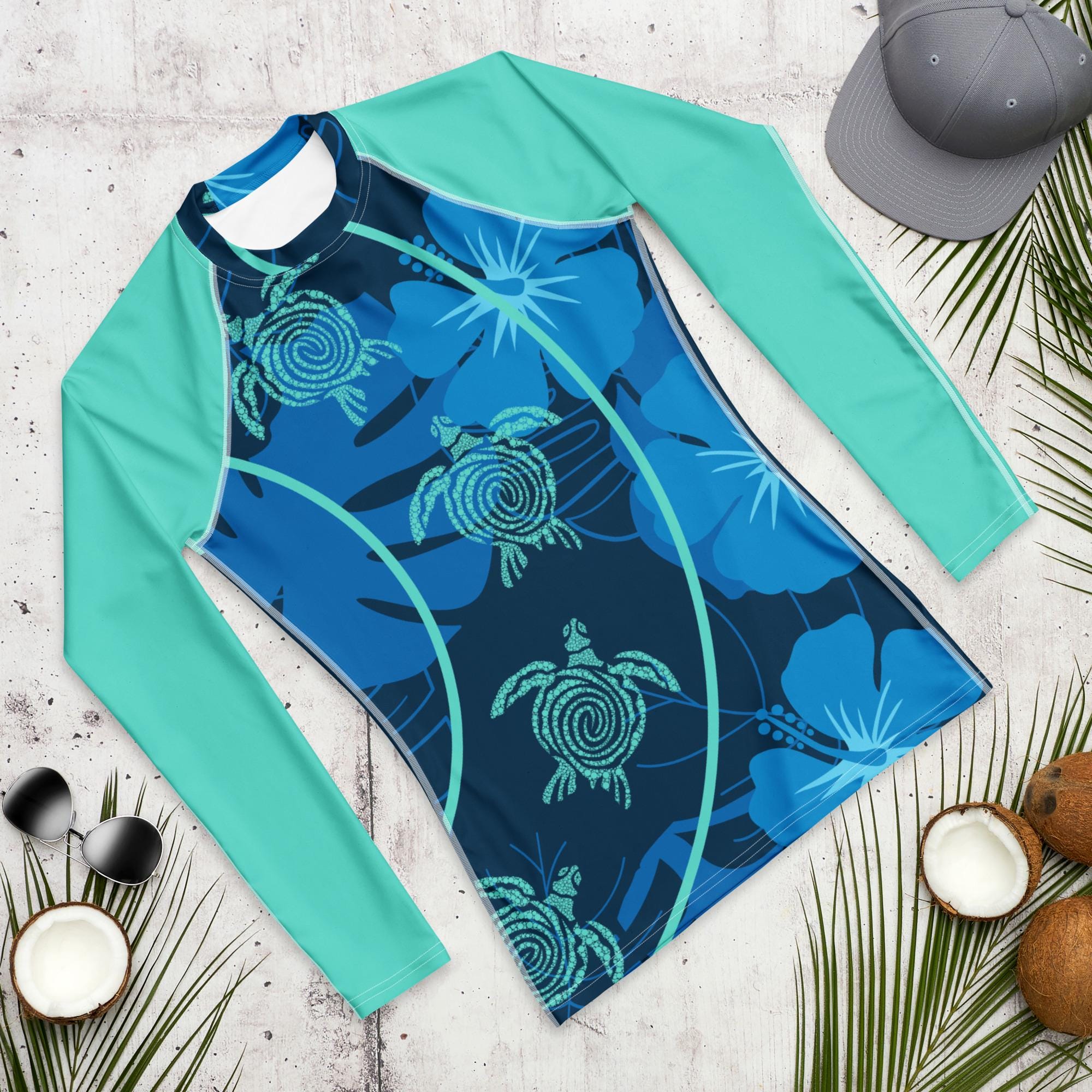 Circle of Turtles Rash Guard – Blue Hawaiian Flowers & Leaves ...