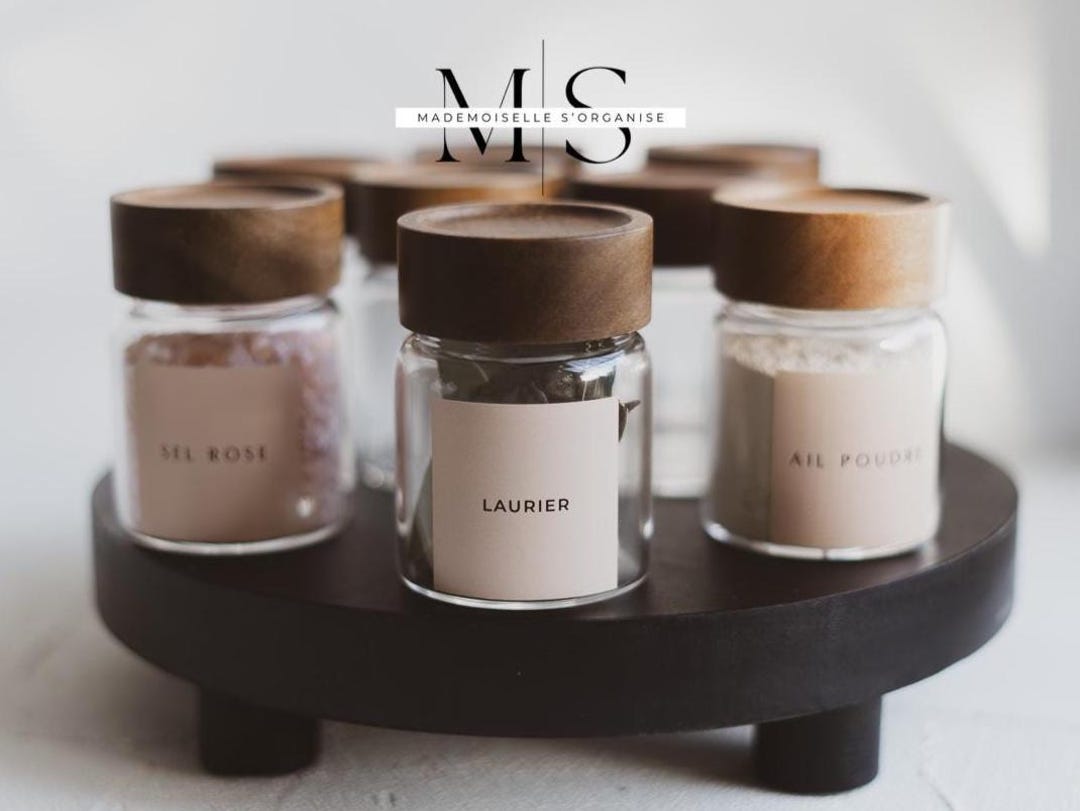 Glass Spice Jar With Acacia Wood Lid and Personalized Beige Spice ...
