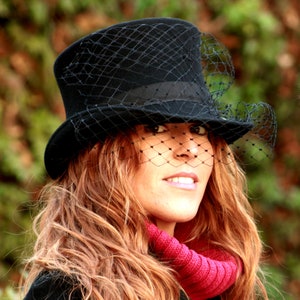 Woman Top Hat With Veil, Black Bridal Top Hat With Veil, Edwardian ...