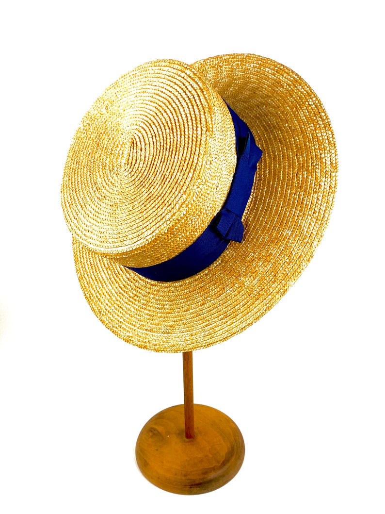 Natural Straw Boater Hat With Blue Ribbon Elegant Straw - Etsy
