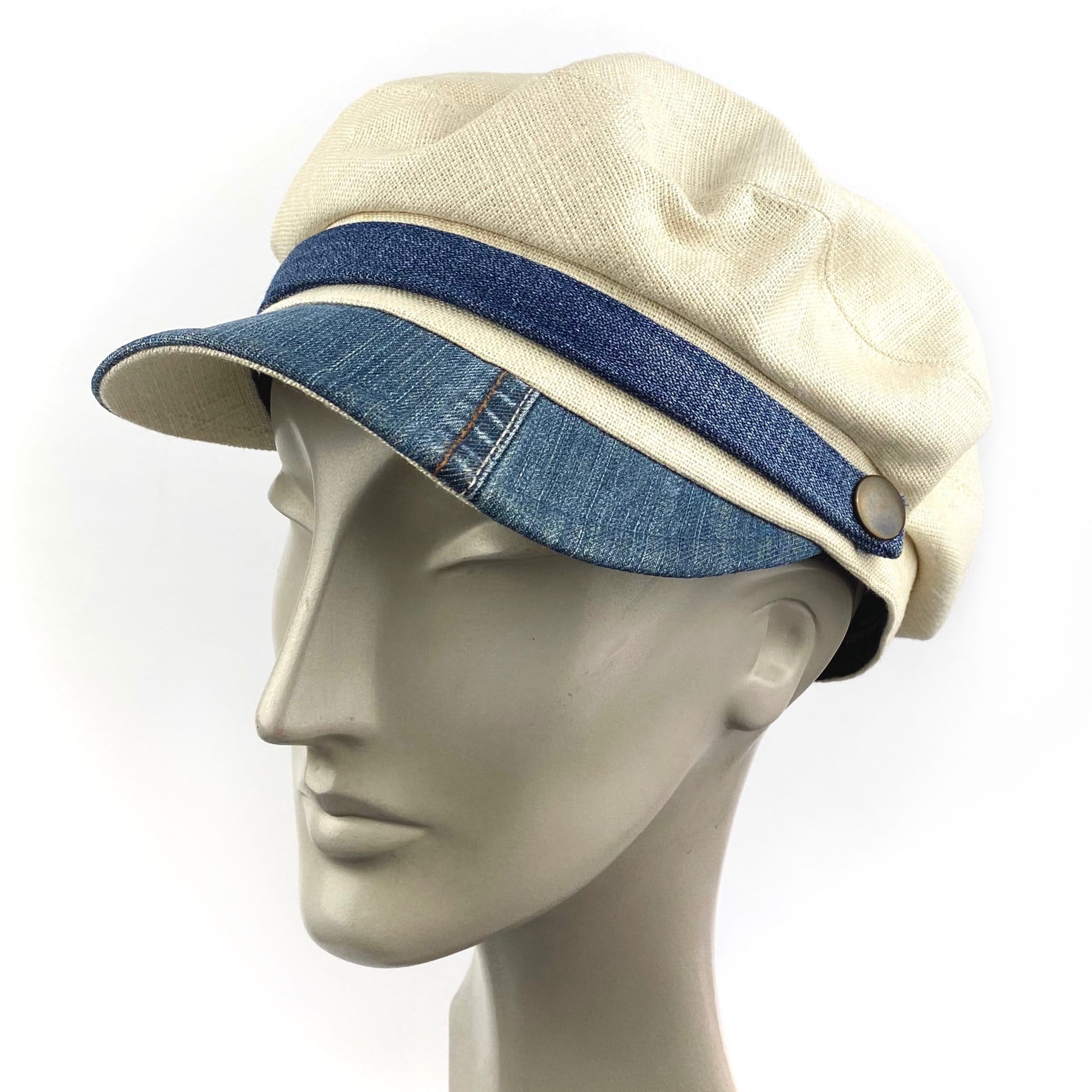 White Linen Sailor Cap With Denim Visor Captain Sailor Cap | Etsy
