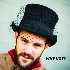 Woman Top Hat With Veil, Black Bridal Top Hat With Veil, Edwardian ...