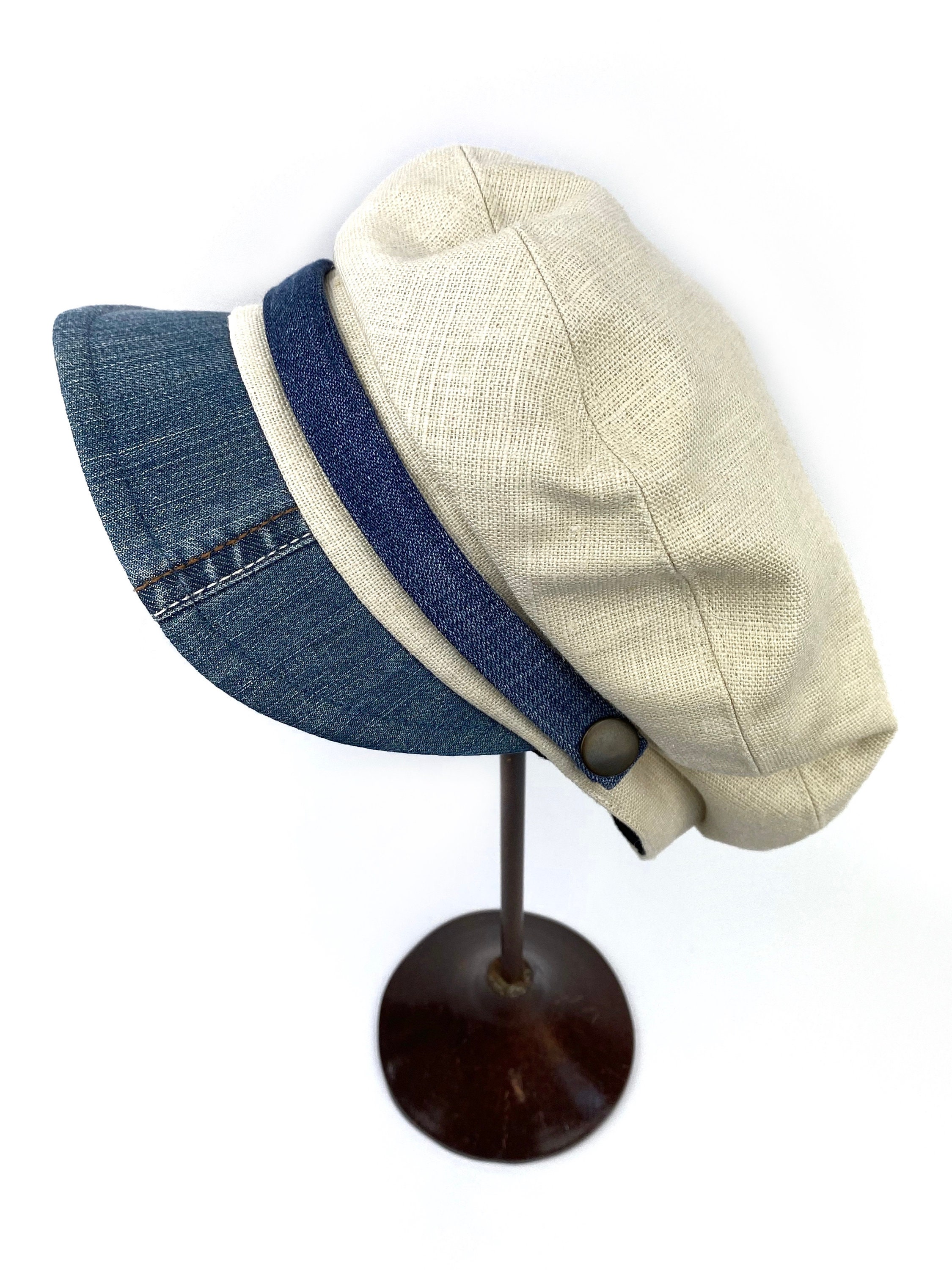 White Linen Sailor Cap With Denim Visor Captain Sailor Cap | Etsy