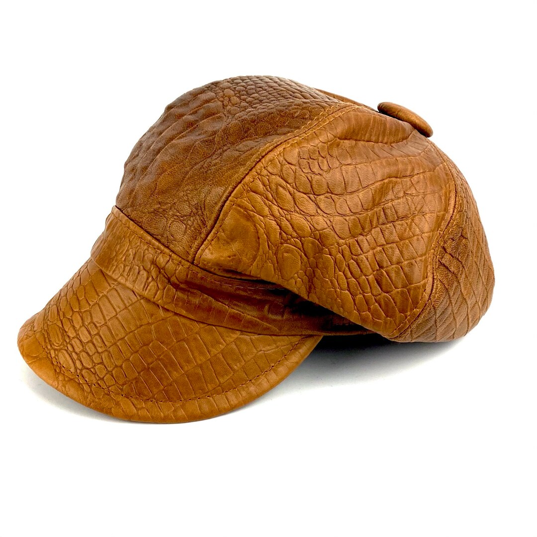 Newsboy Leather Cap, Brown Leather Crocodile Cap, Crocodrile Leather ...
