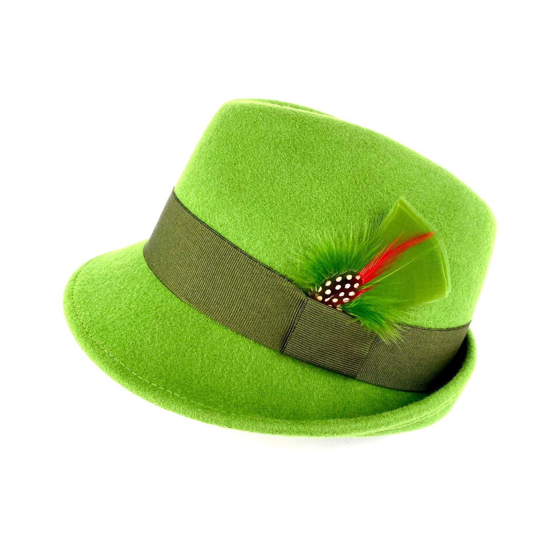 Vintage-inspired Green Fedora Hat With Small Brim - Handcrafted Felt ...