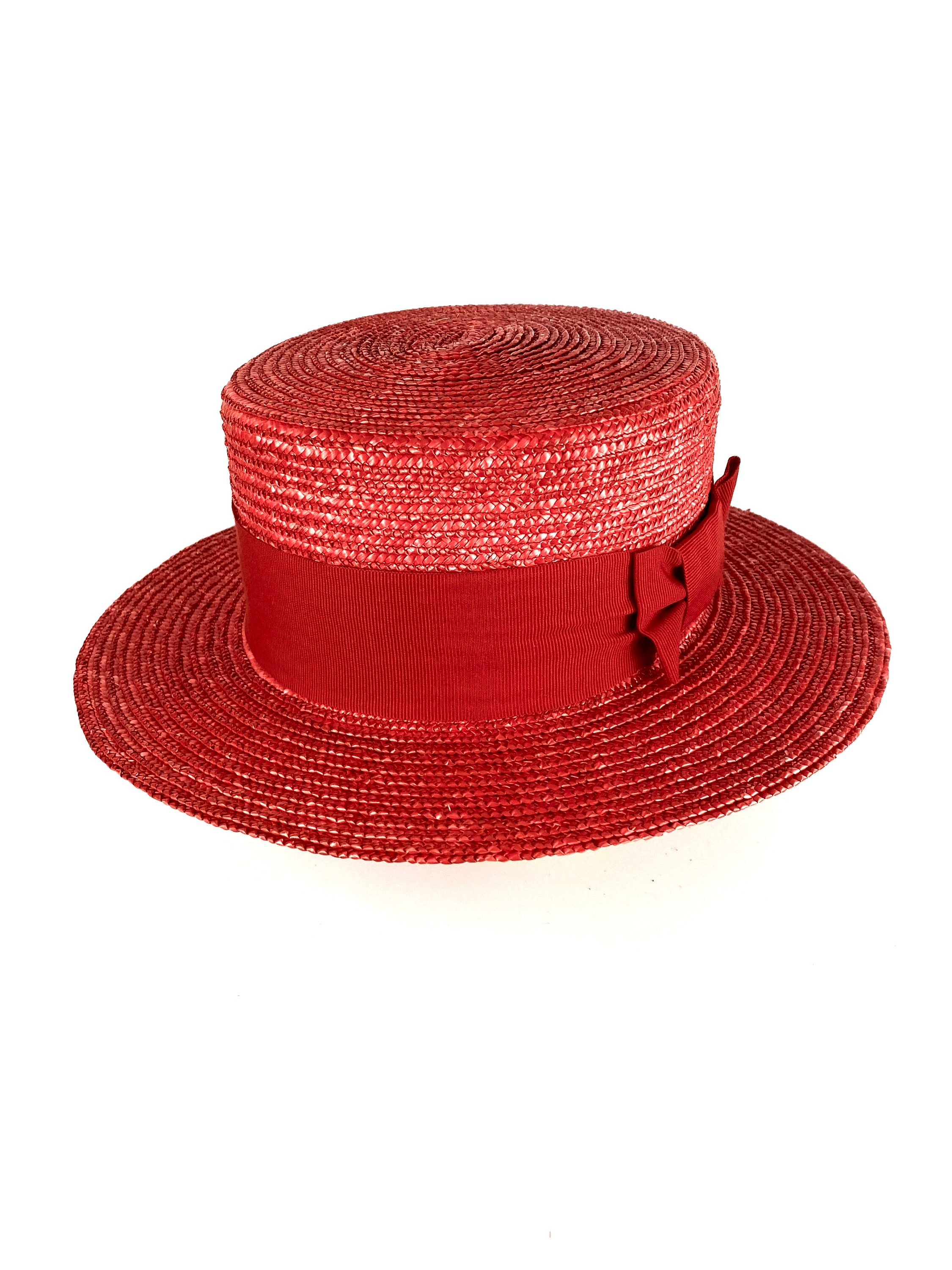 Red boater straw hat red straw canotier men women boater | Etsy