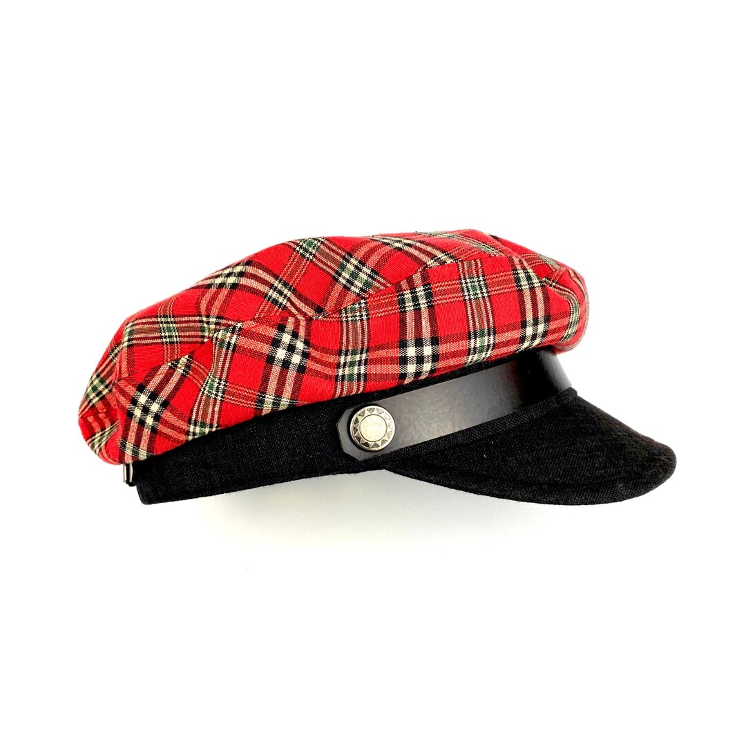 Red Tartan Plaid Sailor Cap, Captain Scottish Red Cap, Red Tartan ...