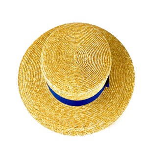 Natural Straw Boater Hat With Blue Ribbon, Elegant Straw Summer Boater ...