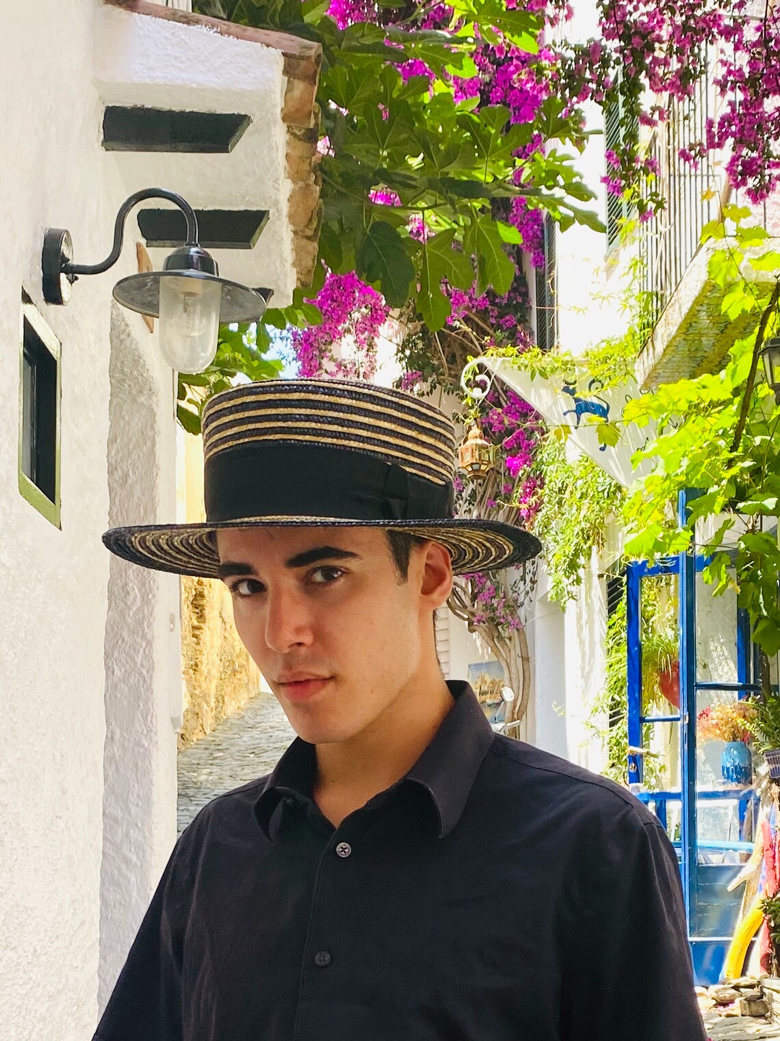 Striped boater natural straw hat black and white summer straw | Etsy