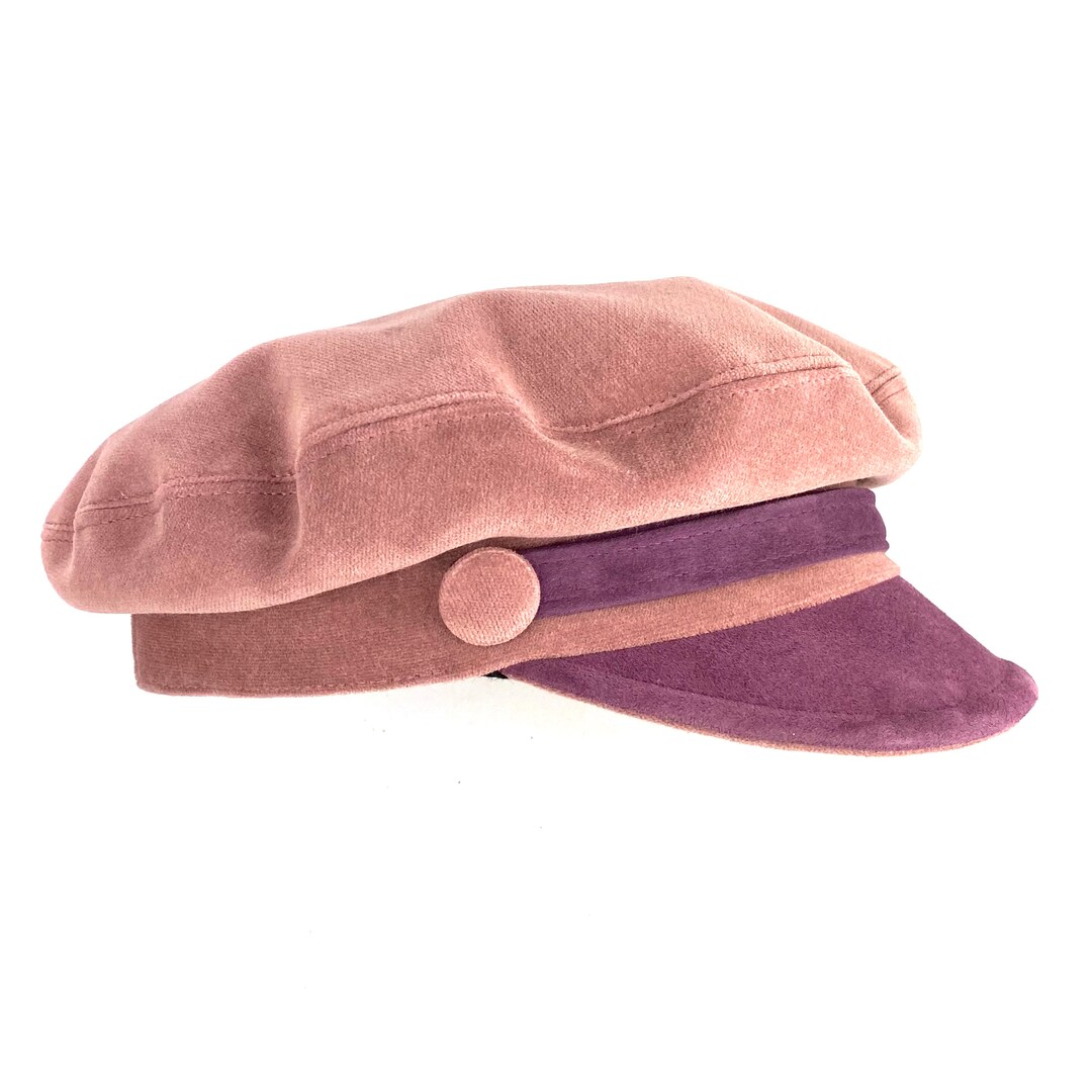Old Pink Velour Sailor Cap With Leather Visor, Woman Old Rose Cotton ...