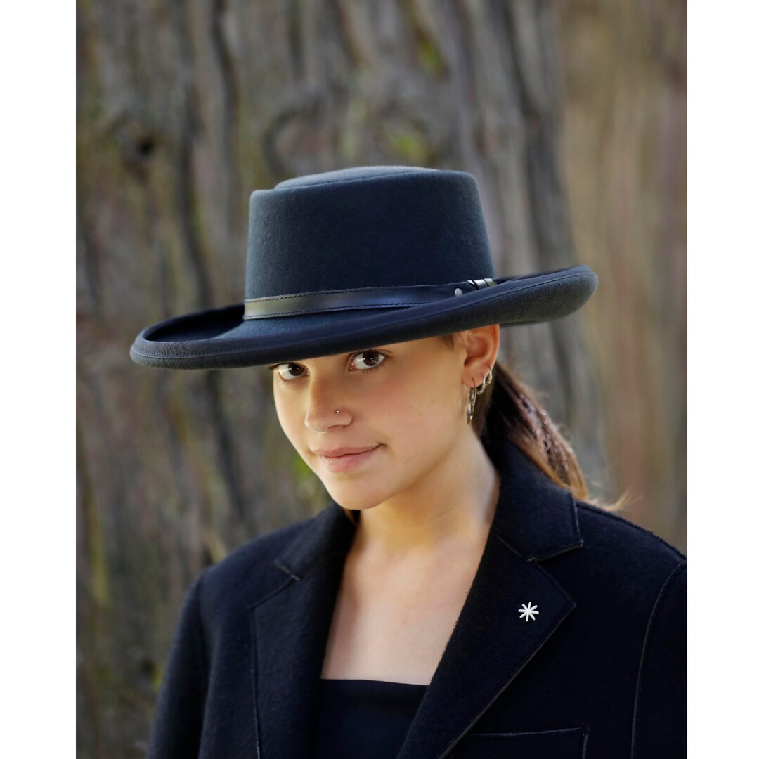 Women Fedora Felt Hat, Dark Gray Gambler Hat, Large Brim Fedora ...