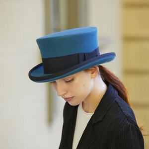 Cyan Blue Wool Felt Top Hat With Navy Grosgrain Ribbon - Etsy