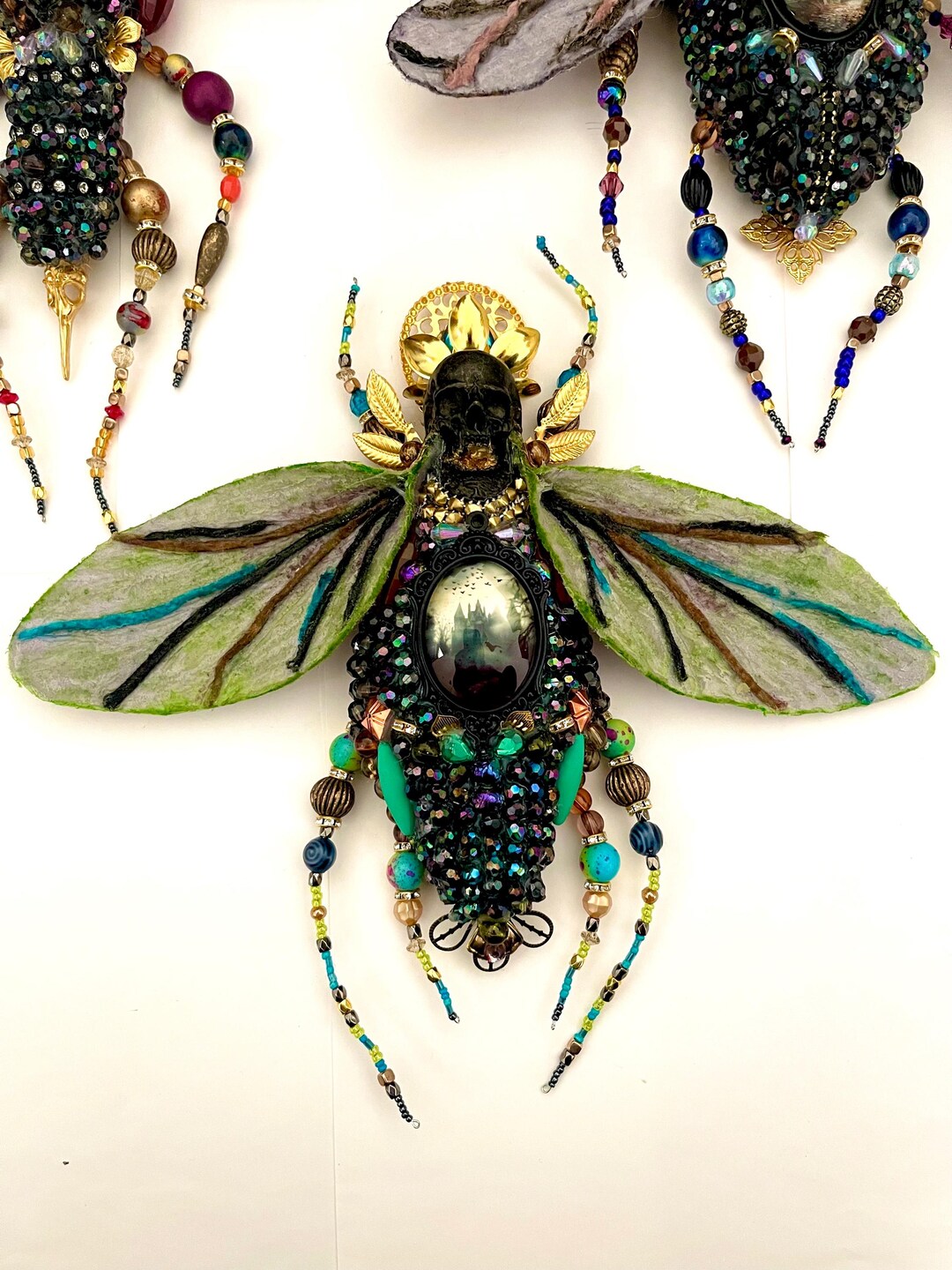 Gothic Cicada Moss Green Wing Beaded Bug Wall Decor, Cicada Bug Art ...