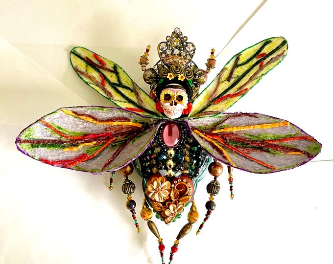Gray Lime Green Wing Cicada Sugar Skull Frida Kahlo Inspired Wall Decor ...