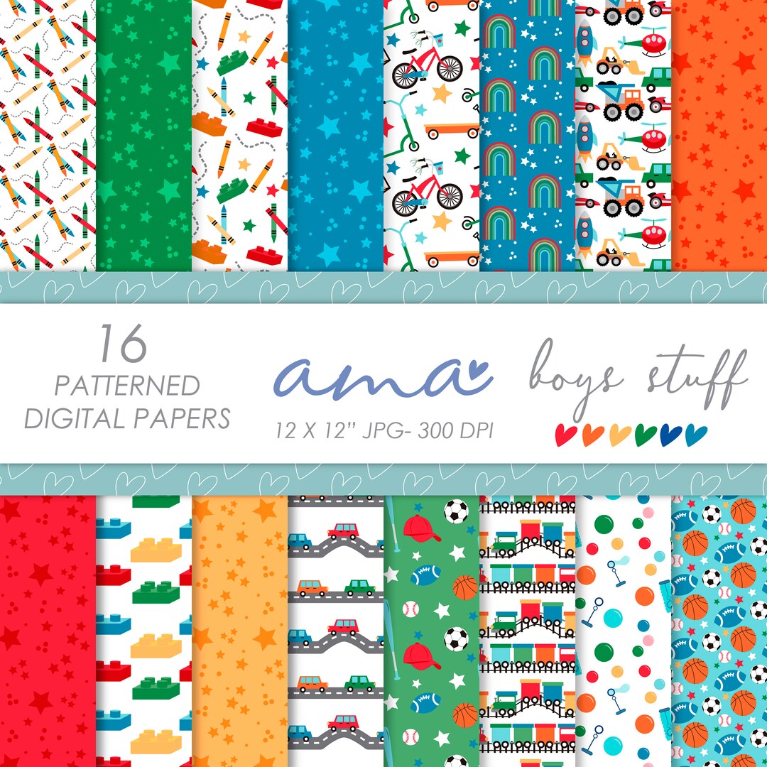 AMA Boys Stuff Digital Scrapbooking Paper Pack - Boy Toy Papers ...