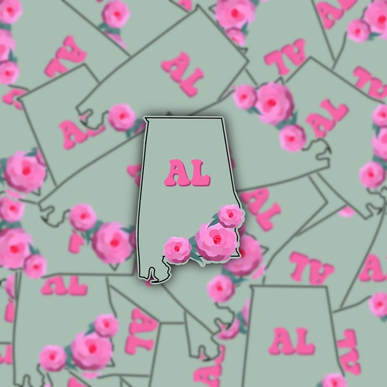 Alabama State Outline Decal Sticker, Bama, Roll Tide, Camellia, Laptop ...