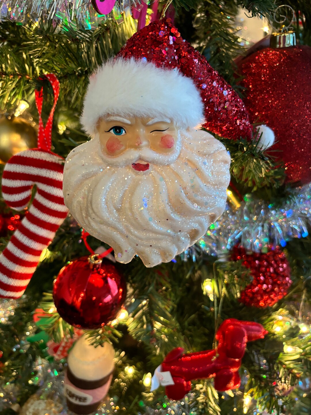 Red Glitter Winking Vintage Santa Head Ornament Stocking Hang Christmas ...