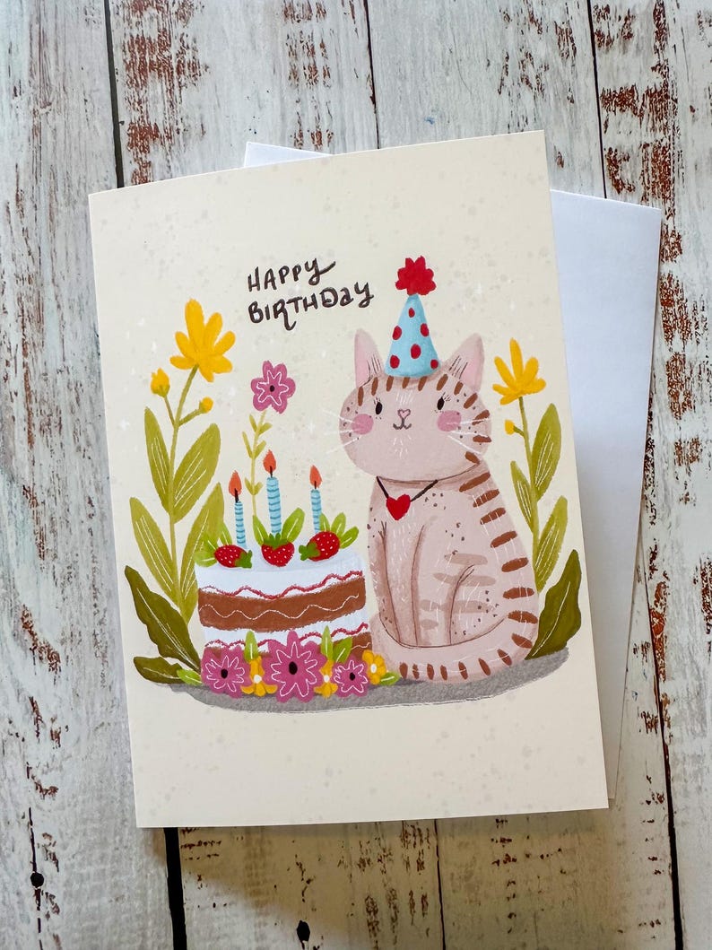 Cat Happy Birthday Card, Hand Drawn Birthday Card, Cute Kitten Birthday ...