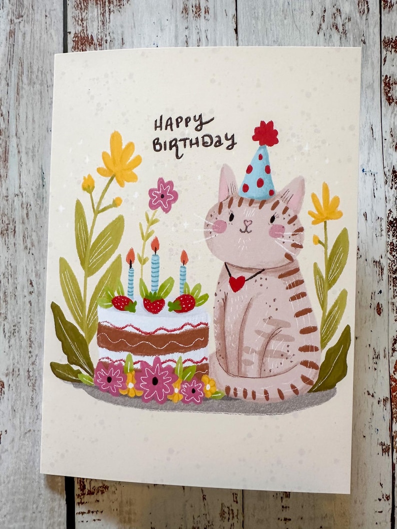 Cat Happy Birthday Card, Hand Drawn Birthday Card, Cute Kitten Birthday ...