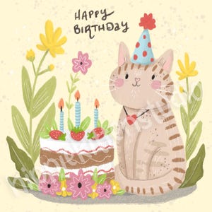 Cat Happy Birthday Card, Hand Drawn Birthday Card, Cute Kitten Birthday ...