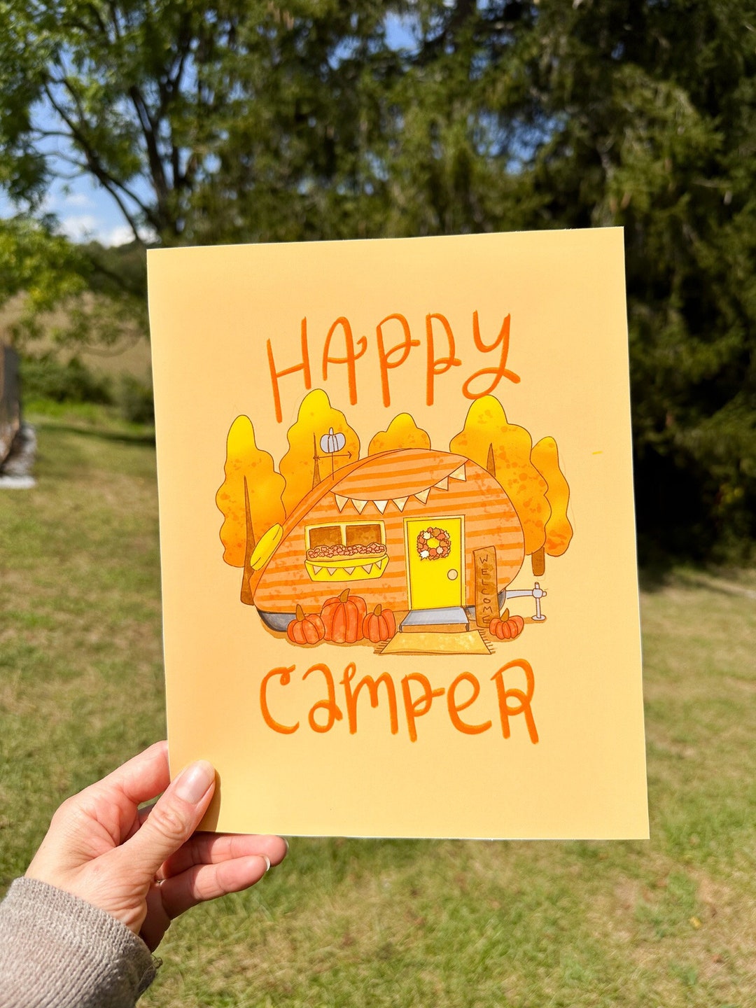 Fall Art Print "happy Camper" Autumn Wall Art With Fall Leaves and ...