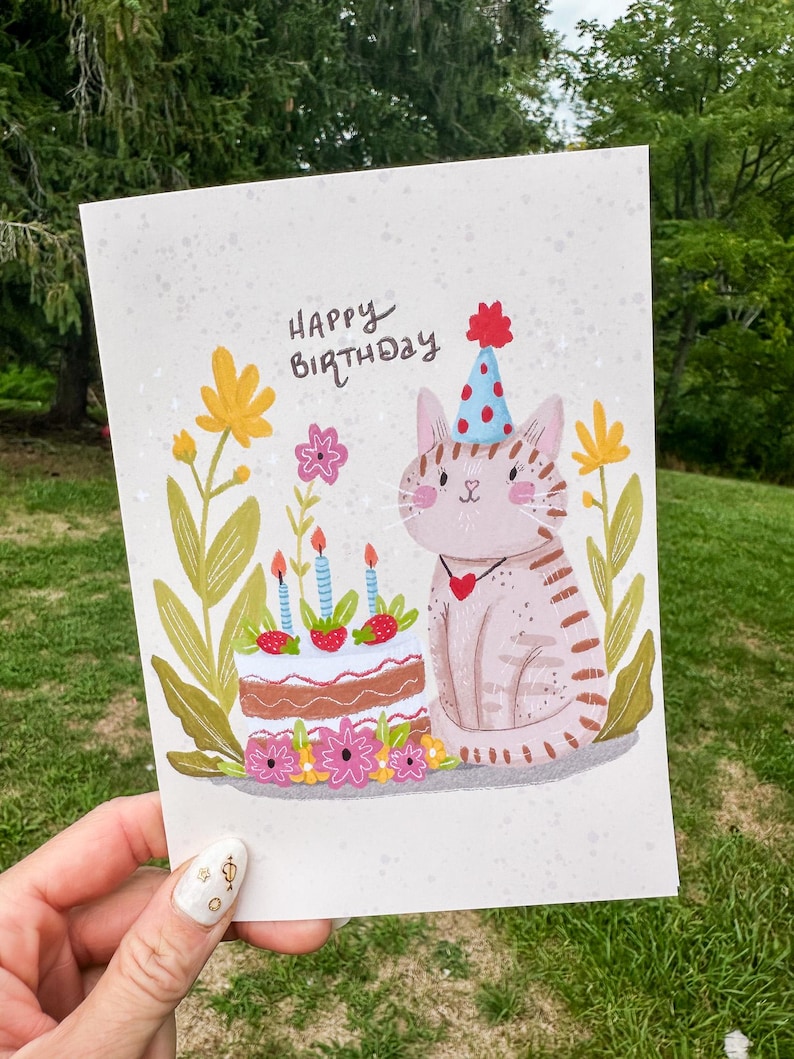 Cat Happy Birthday Card, Hand Drawn Birthday Card, Cute Kitten Birthday ...