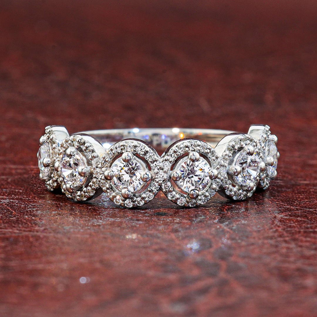 Round Cut Halo Lab Grown Diamond Wedding Band Five Stone Band ...