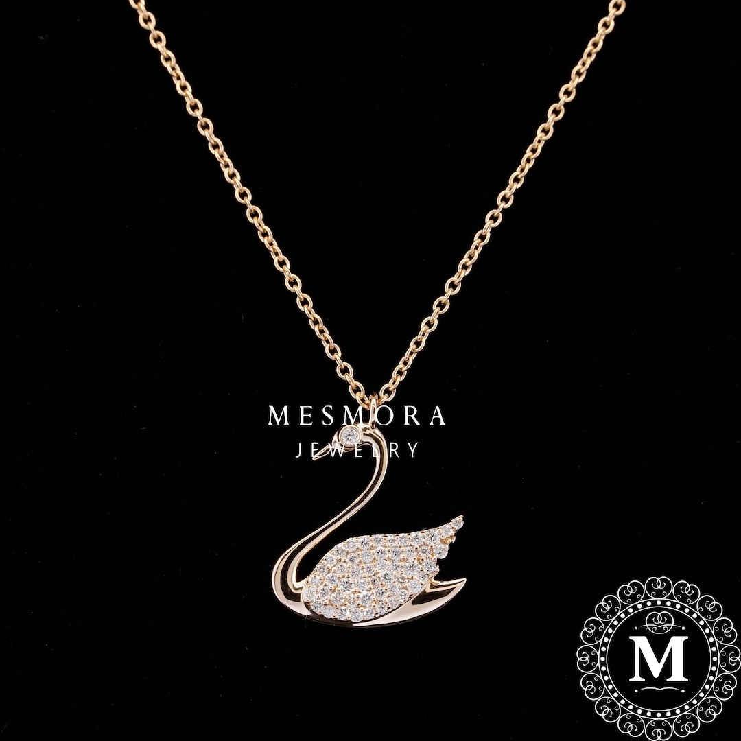 Swan Necklace Delicate 14k Gold Necklace Round Cut Lab Grown Diamond ...