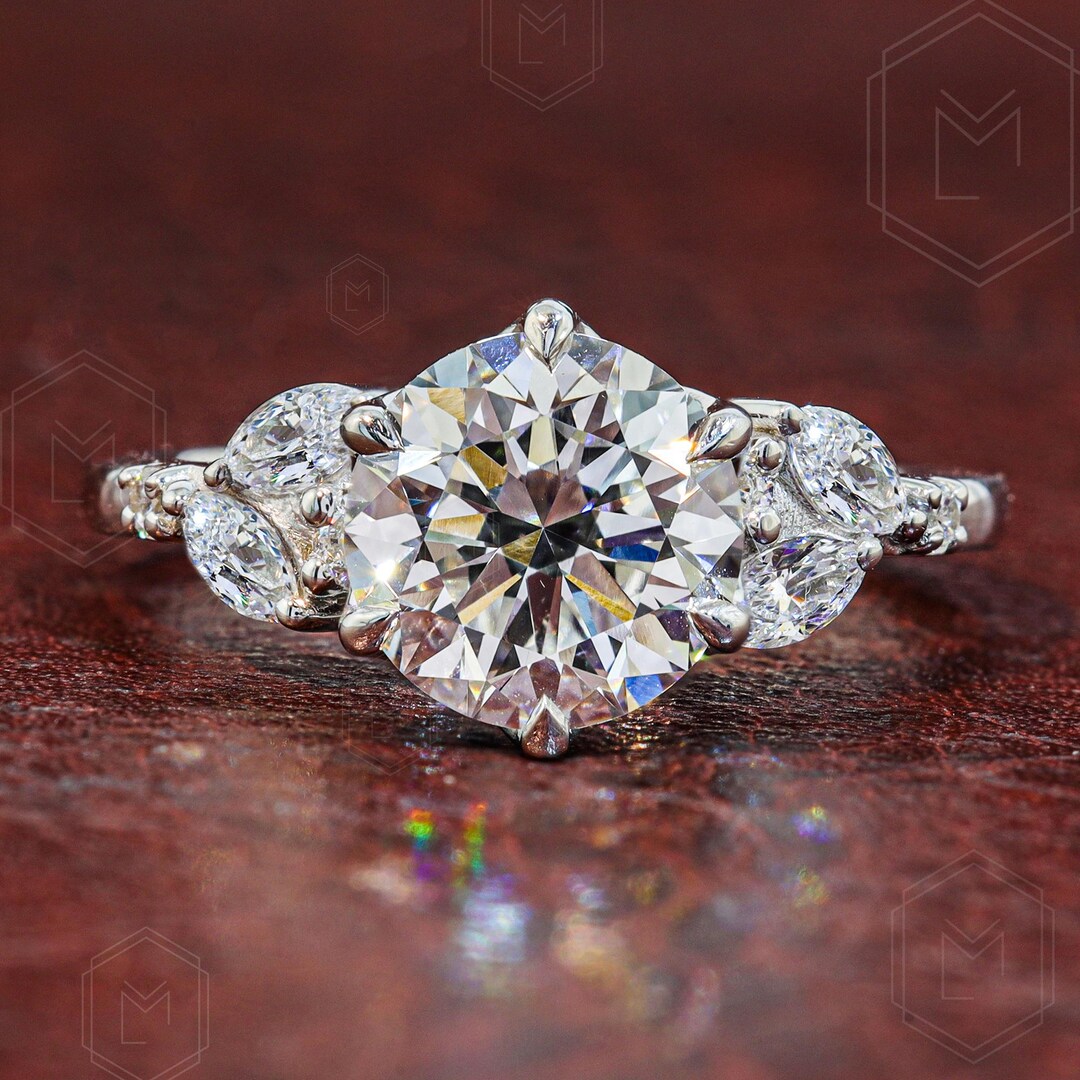 Anillo de compromiso de oro macizo de 14 k con corte redondo de 2,0 ...