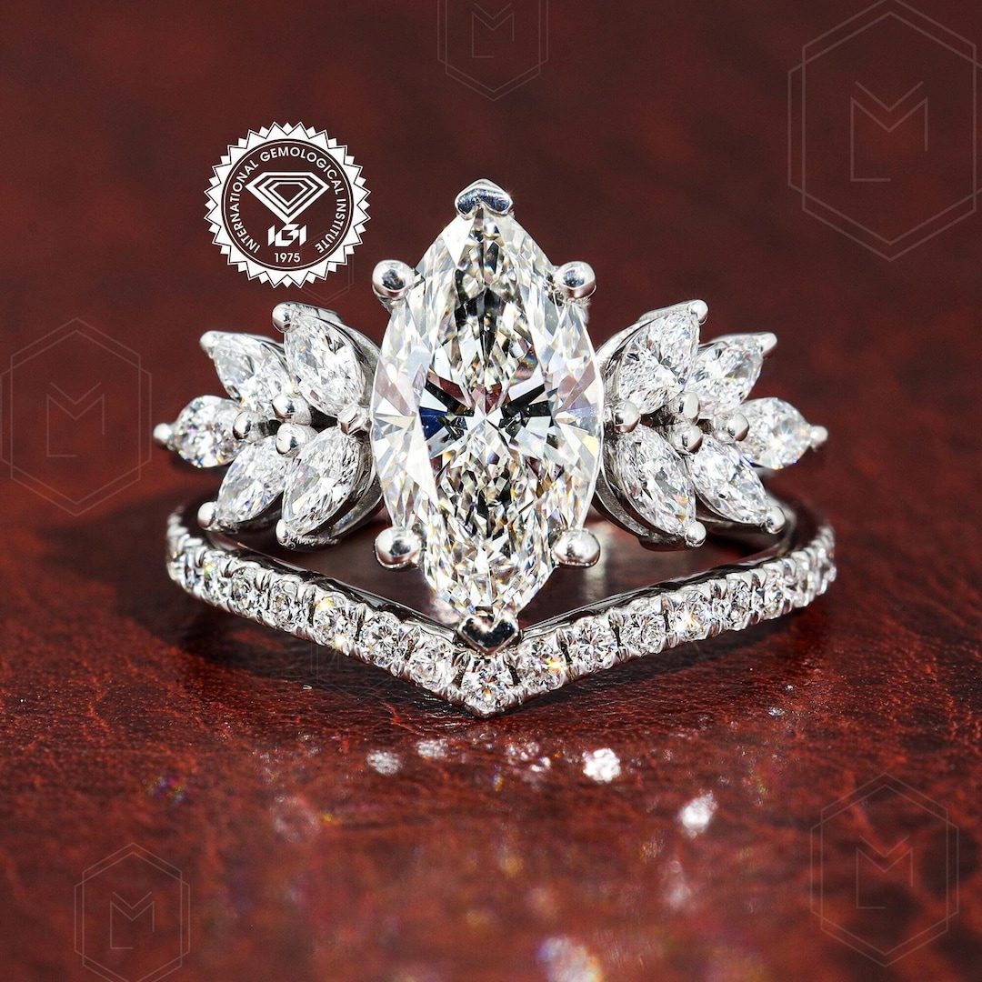 Vintage Style Marquise Cut Engagement Ring Set 2.0 CT Marquise Cut Lab ...