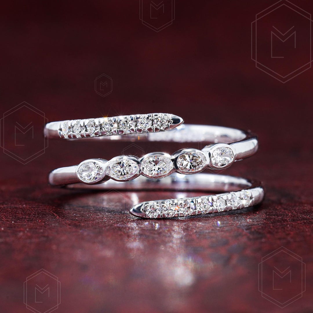 14k Gold Diamond Spiral Ring Bezel Set Diamond Coil Ring Pave Lab Grown ...