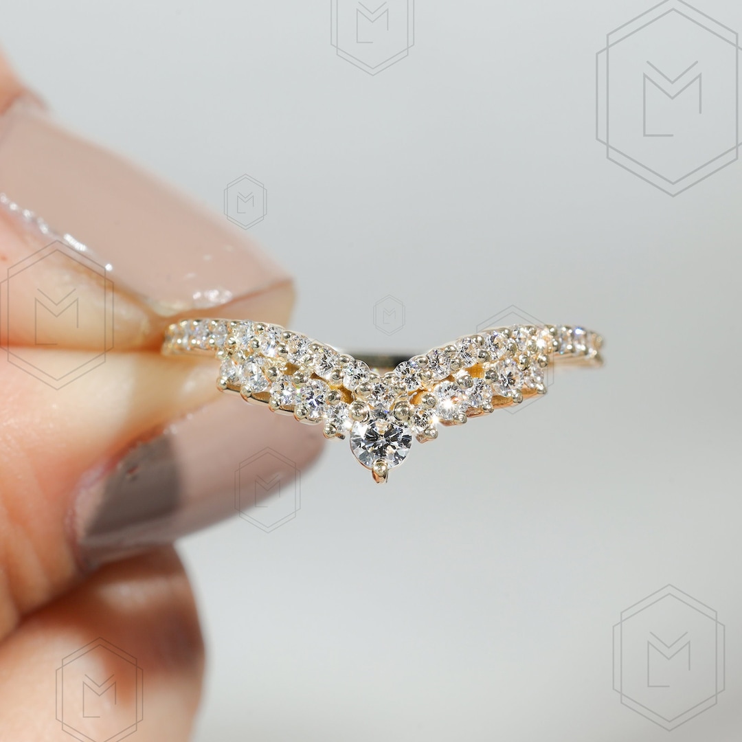 Tiara Curved Lab Grown Diamond Wedding Band Vintage Chevron Stacking ...